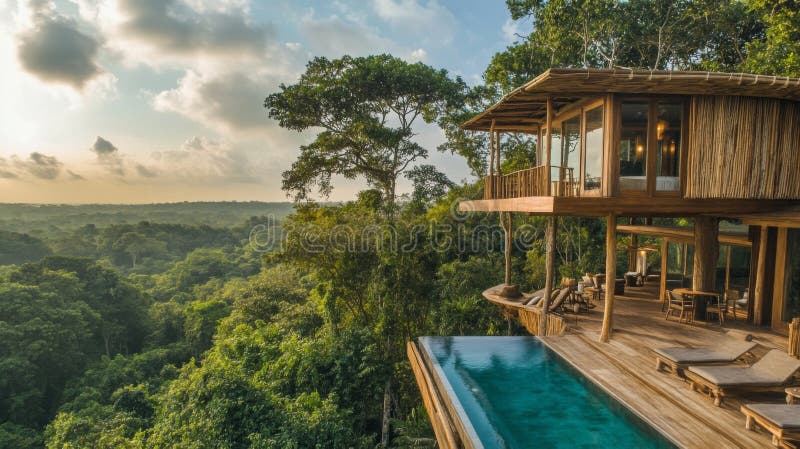 Modern Treehouse with Infinity Pool Overlooking Lush Jungle Stock ...