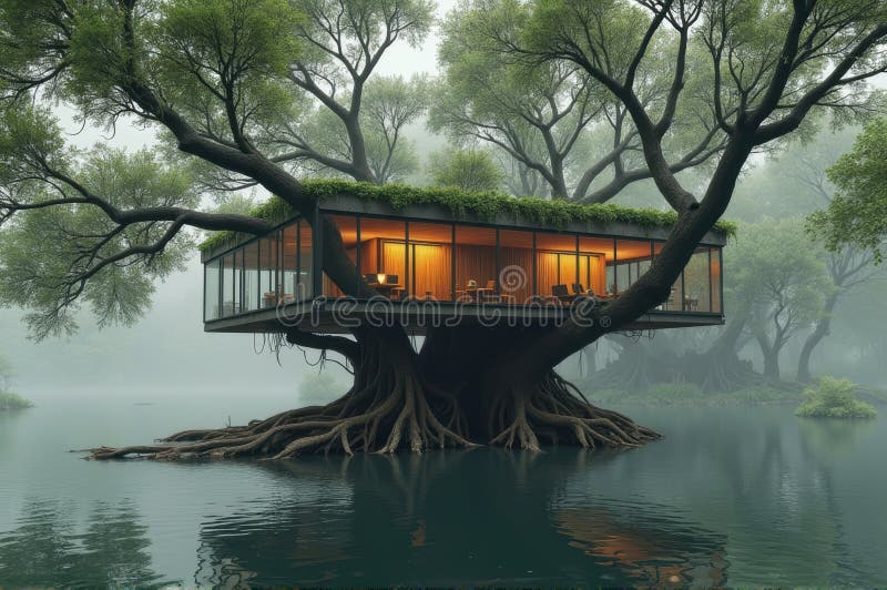 Modern Treehouse on Lake with Misty Forest Background and Warm Interior ...