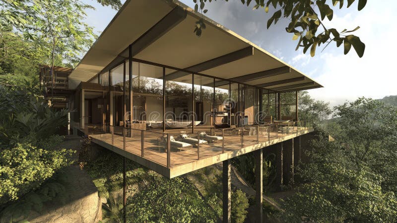 Modern Treehouse with a Large Deck Overlooking a Lush Green Forest ...