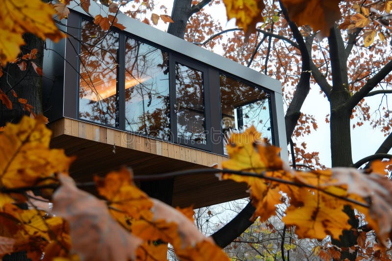 Modern Treehouse with Large Windows among Autumn Leaves Stock Image ...