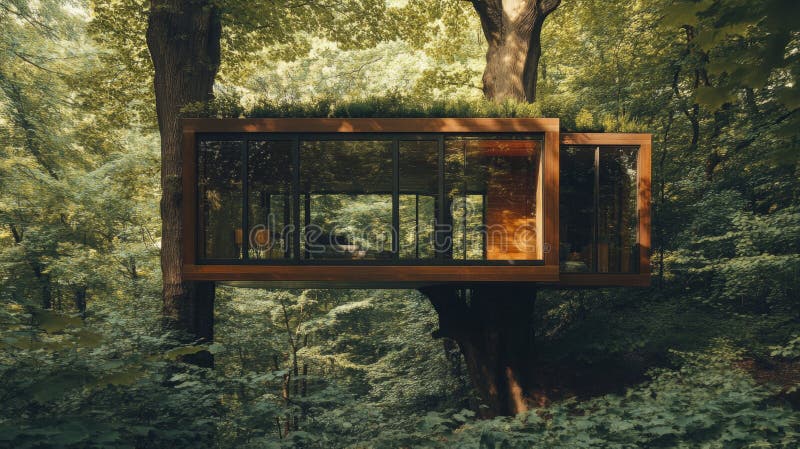Modern Treehouse with Large Windows Overlooking a Lush Forest Stock ...