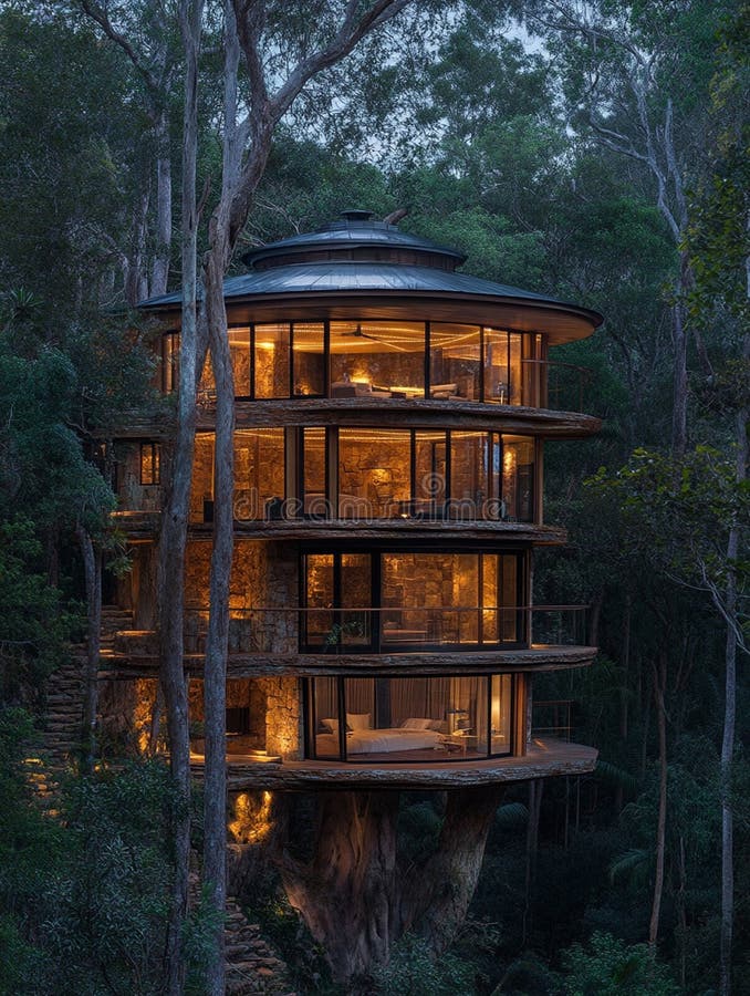 A Modern Treehouse with Multiple Levels Nestled among Trees in a Forest ...