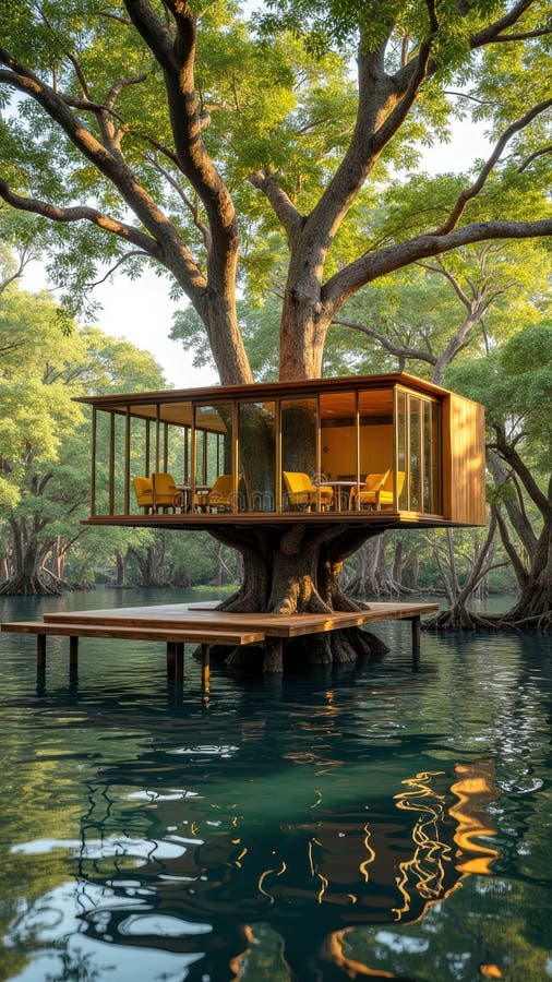 Modern Treehouse Retreat Above Serene Lake Surrounded by Lush Greenery ...