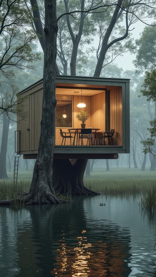 Modern Treehouse Retreat Forest Warm Lighting Dusk Stock Photos - Free ...