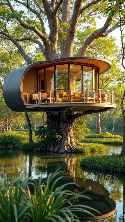 Modern Treehouse Retreat by Lake in Lush Forest Setting at Sunrise ...