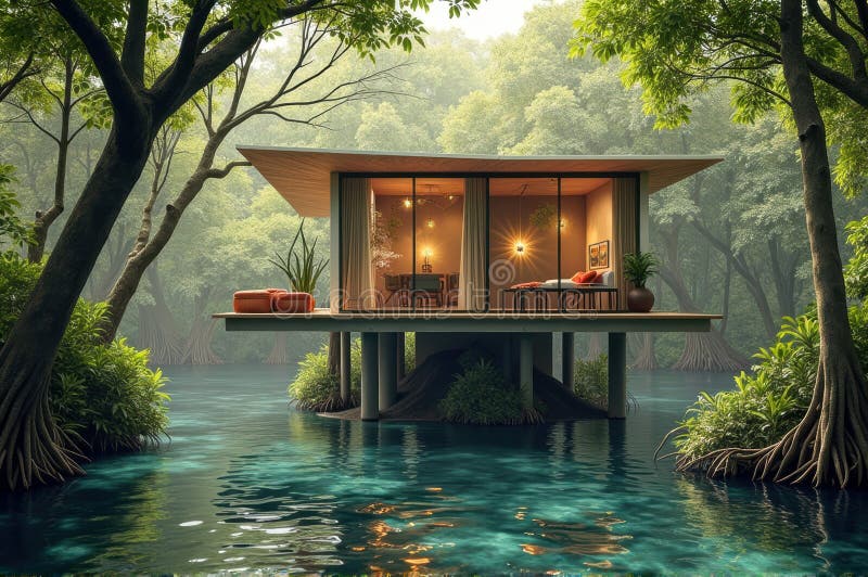 Modern Treehouse Retreat Over Water in Lush Forest Setting Stock Photo ...