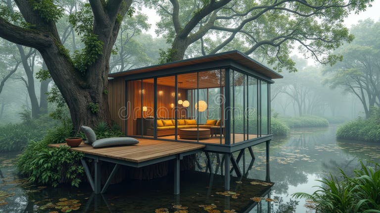Modern Treehouse Retreat Overlooking Serene Forest Pond Stock Photo ...