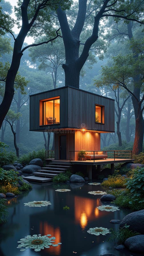 Modern Treehouse Retreat in Serene Forest Landscape with Tranquil Pond ...