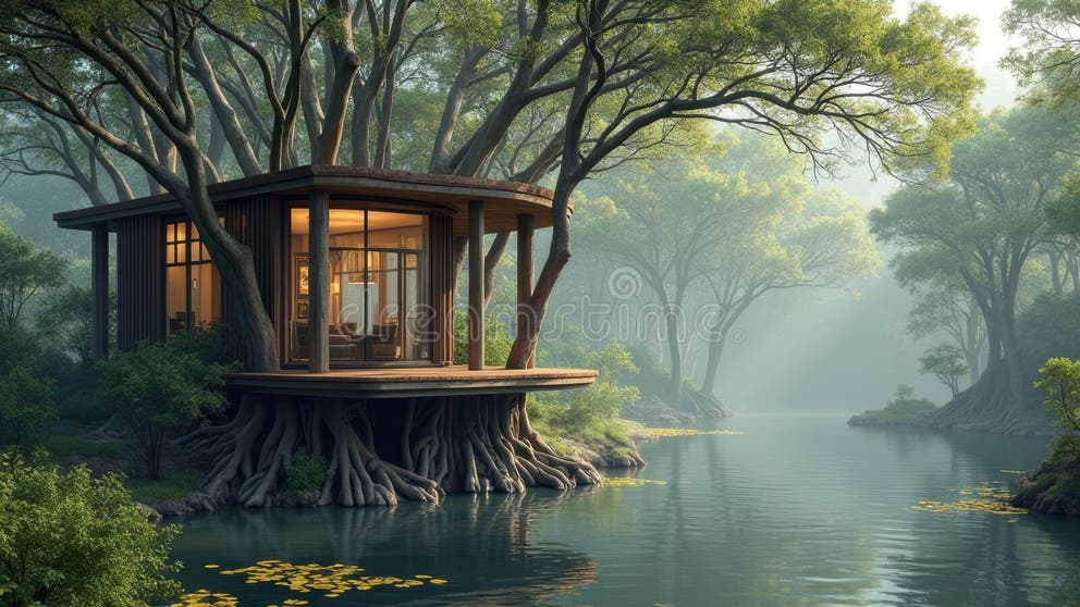 Modern Treehouse by Tranquil River in Lush Forest Stock Photo - Image ...