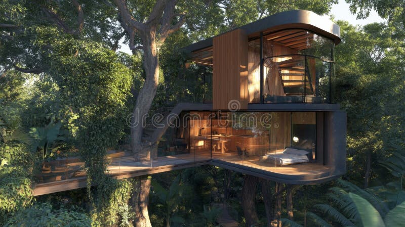 Modern Treehouse with Wooden Deck and Large Windows in a Lush Forest ...
