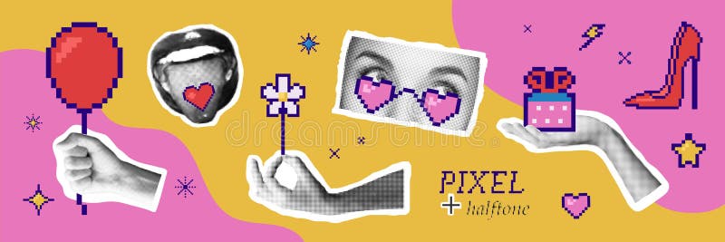 Modern Trendy Set with Halftone and Pixel Design Elements. Collection ...