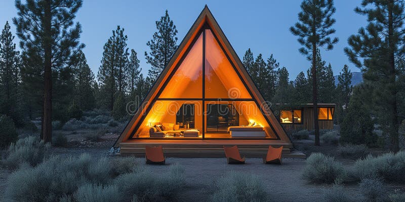 Modern Triangle Cabin Illuminated at Dusk in a Secluded Forest Setting ...