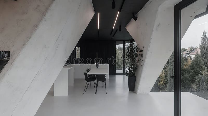Modern Triangular House Interior, Kitchen, City View, Minimalist Design ...