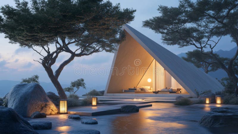 Modern Triangular House on Mountain at Night Stock Illustration ...