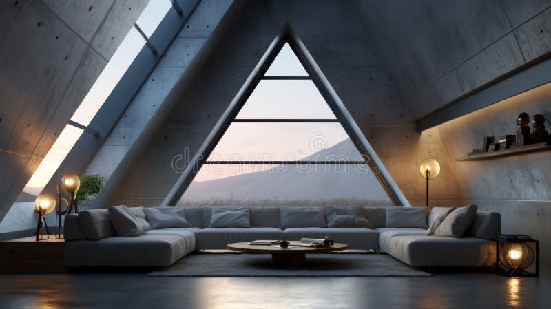 Modern Triangular Window Loft with Scenic Mountain View Stock ...