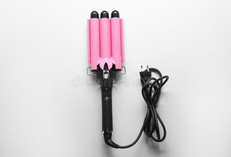 Modern Triple Curling Hair Iron Isolated on White, Top View Stock Photo ...