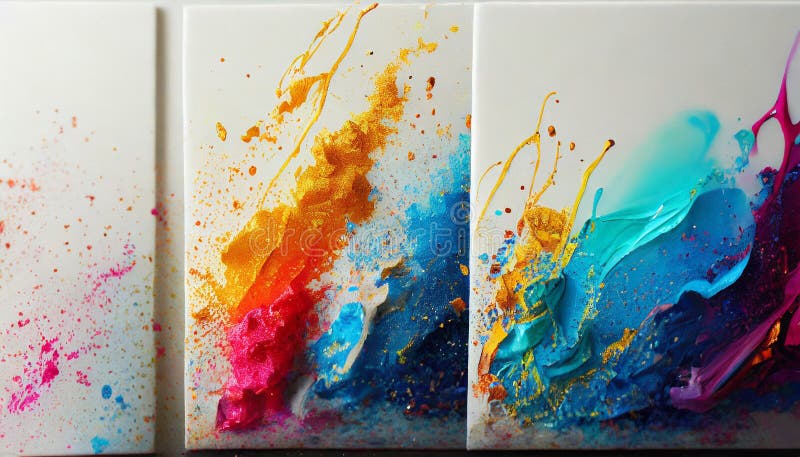 Modern Triptych Abstract Painting with Colorful Splashes on White ...