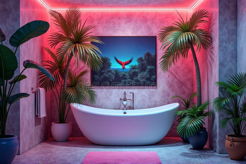 Modern Tropical Bathroom with Neon Lighting and Freestanding Bathtub ...