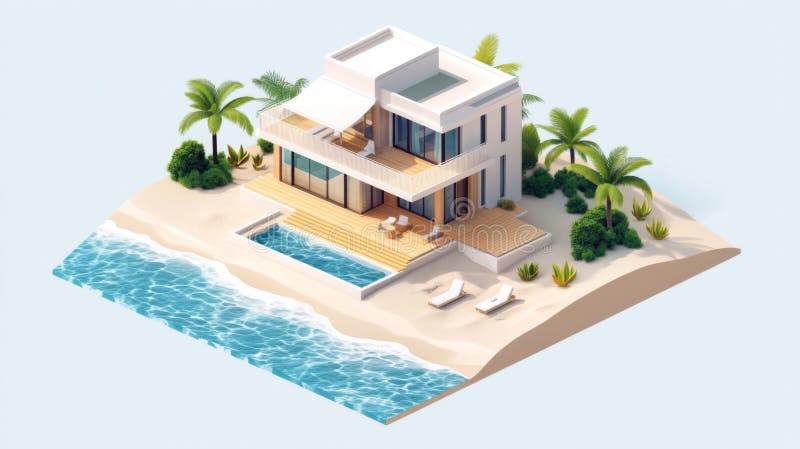 Modern Tropical Beach House Isometric Rendering Stock Illustration ...