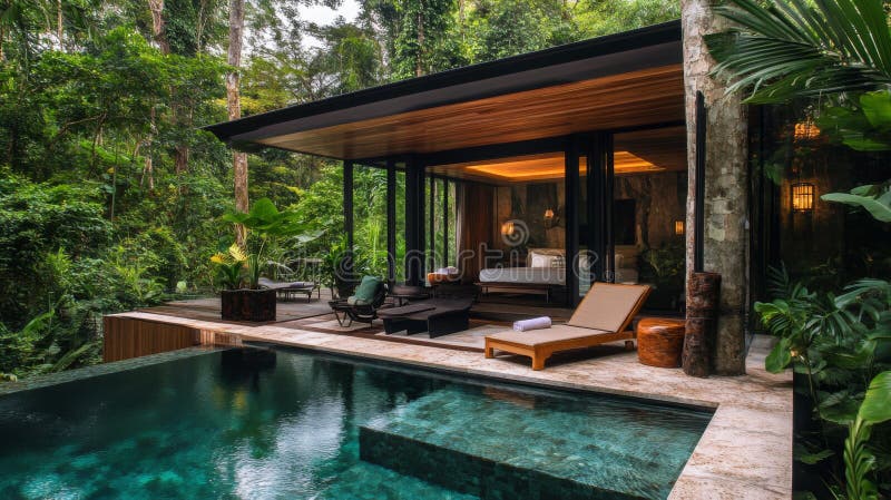 Modern Tropical Cabin with Private Pool and Jungle Views Stock ...