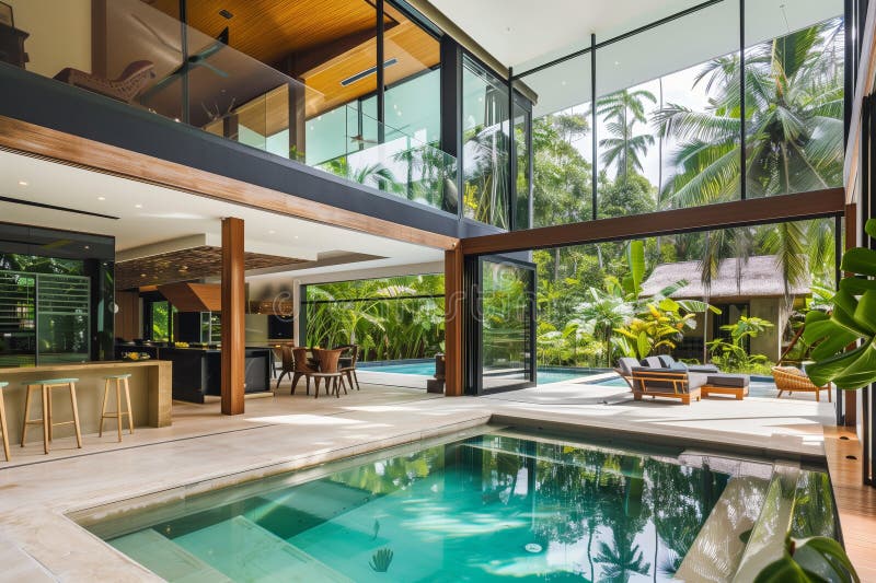 Modern Tropical Home with Floortoceiling Windows and a Pool Stock Image ...