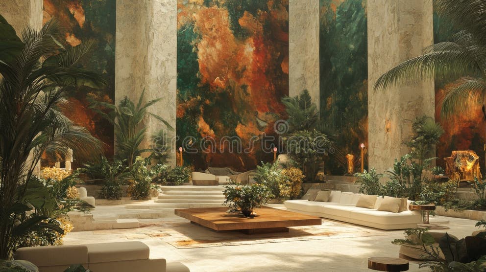 Modern Tropical Interior Design with Beige Stone Columns and Lush ...