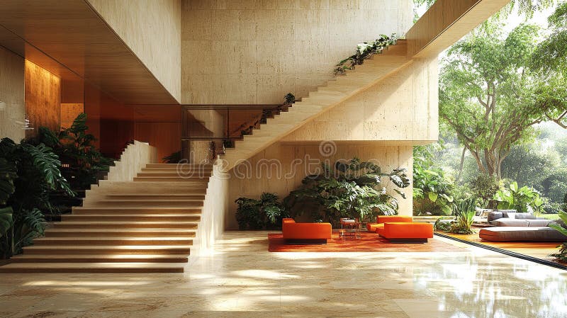 Modern Tropical Interior, Spacious Lobby with Stairs, Lush Garden View ...