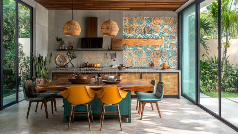 Modern Tropical Kitchen Interior Design with Colorful Tile and Wood ...