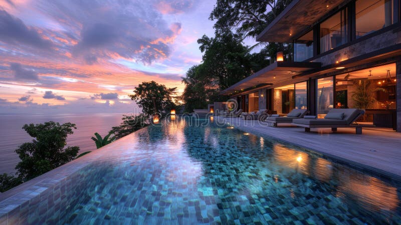 Modern Tropical Resort with Infinity Pool at Sunset Stock Photo - Image ...