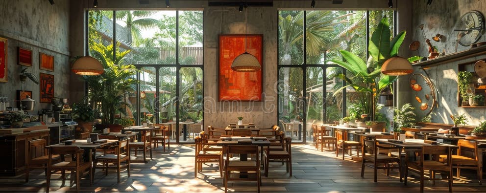 Modern Tropical Restaurant Interior with Lush Greenery and Natural Light Stock Illustration ...