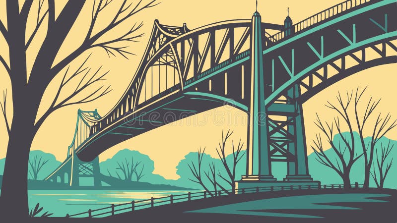 Modern Truss Bridge Over Water with Cityscape View, Vector Design ...