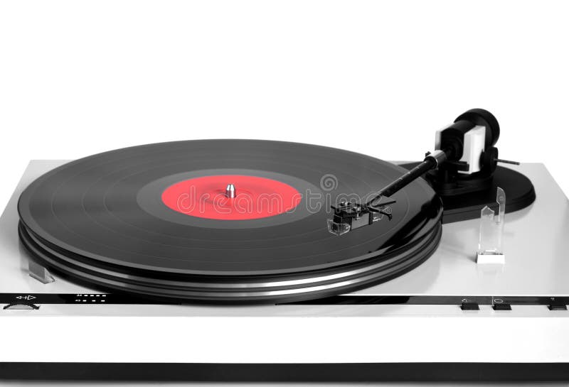 Turntable in White Case with Vinyl Record Isolated on Black Top View ...