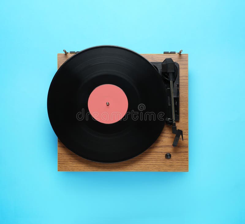 Modern Turntable Vinyl Record Light Blue Background Top View Stock ...
