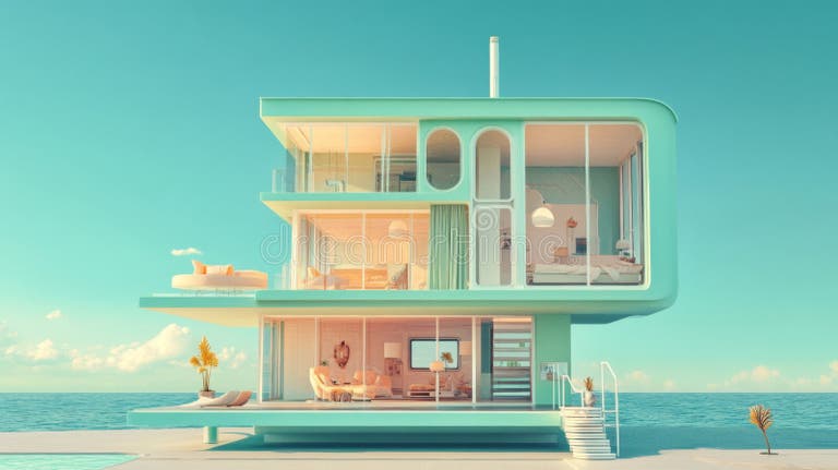 Modern Turquoise Beach House Architectural Rendering Stock Illustration ...