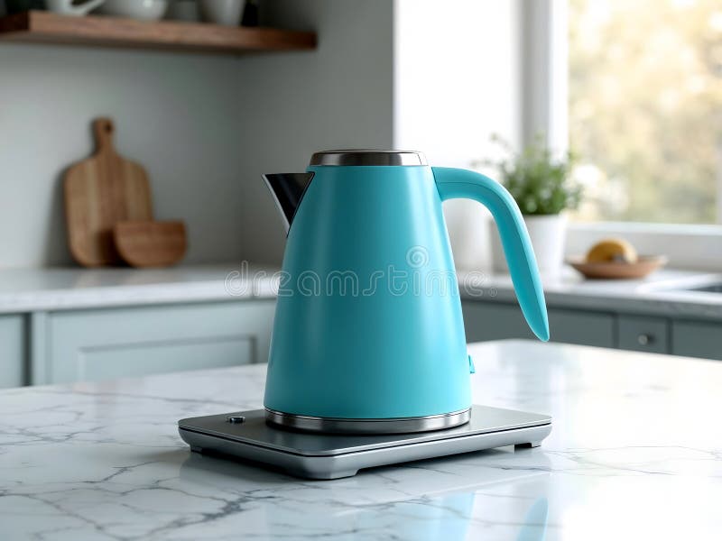 Modern Turquoise Electric Kettle on a Marble Kitchen Countertop Stock ...