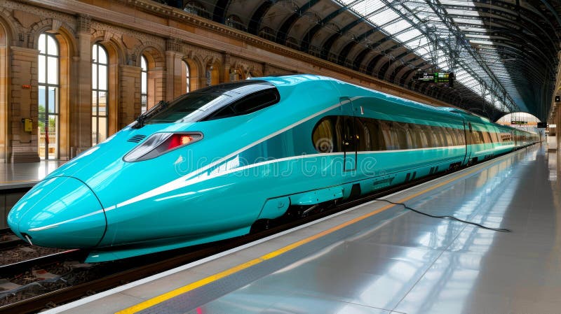 Modern Turquoise High-Speed Train Stands at a Covered Platform in a ...