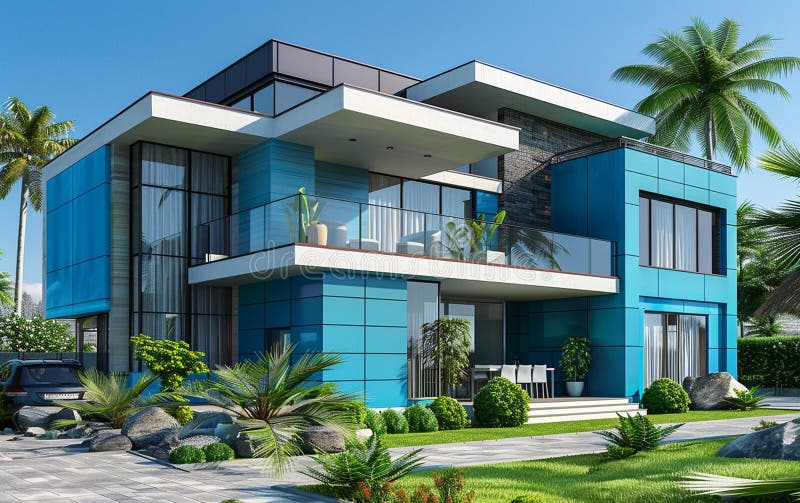 Modern Turquoise House One-Floor Premium -Generative Ai Stock Image ...