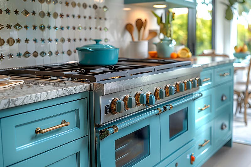 Modern Turquoise Kitchen: Sleek Cabinet, Quartz Countertop, & LED ...