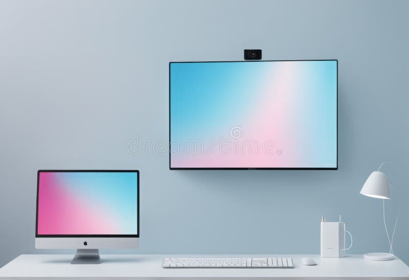 Modern Tv with Computer and Tablet on the Table . 3d Illustration Blank ...