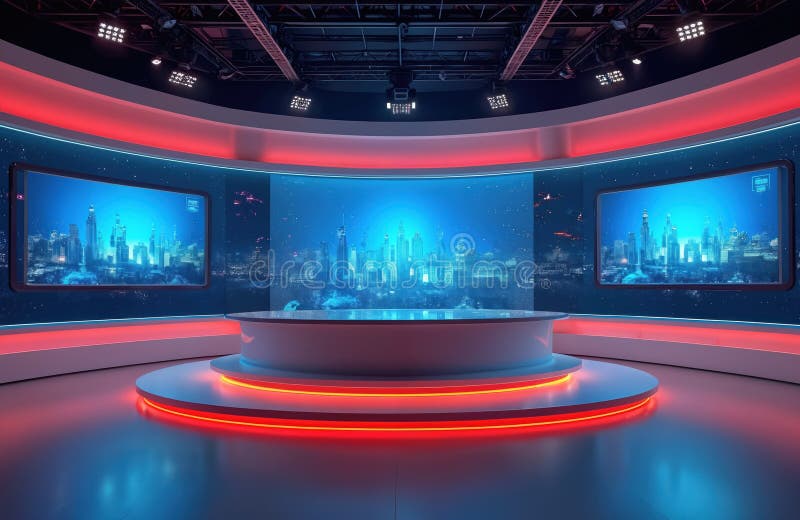 Modern TV News Broadcasting Studio Interior with Neon Glowing ...