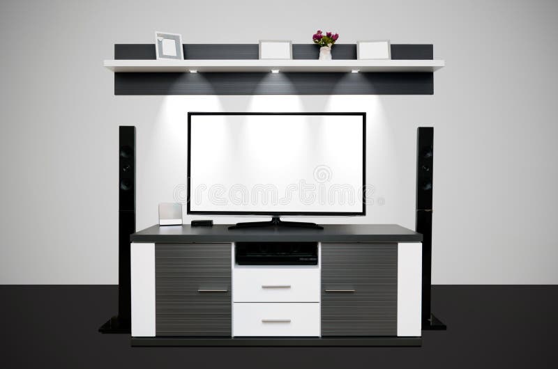 Modern TV Room with Illuminated LED Lamps Stock Photo - Image of shelf ...