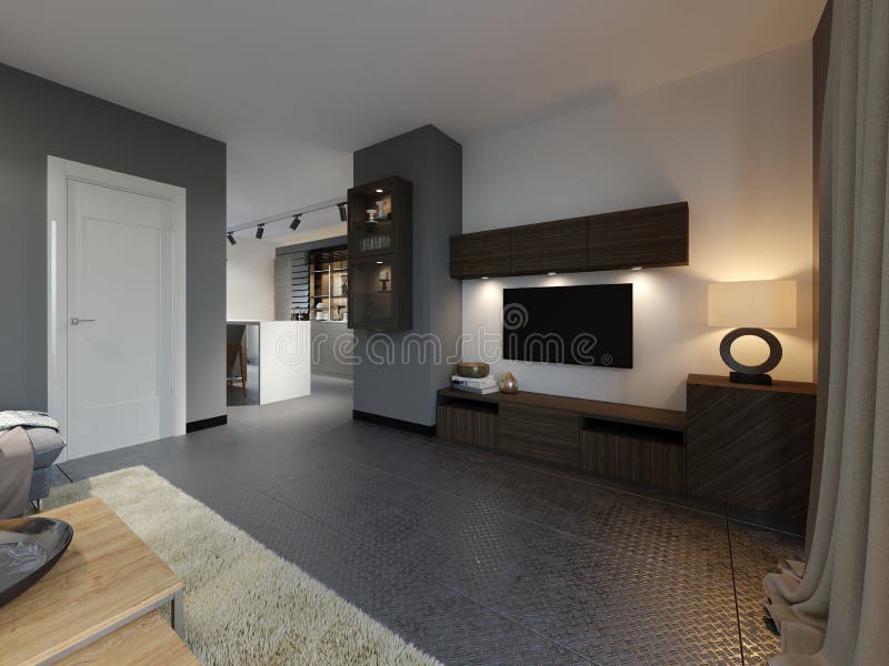 Modern TV Stand with TV in Loft Apartment Stock Illustration ...