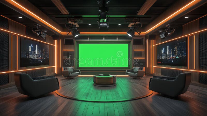 Modern TV Studio with Green Screen and Orange Neon Lighting Stock Image ...