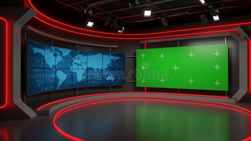 Modern TV Studio with Multiple Large Screens and Dynamic Red Lighting ...