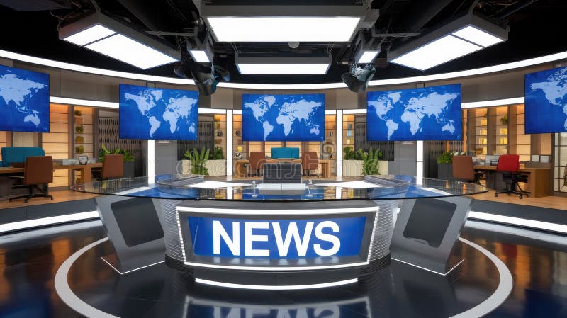 Modern Tv Studio News Desk Displaying World Map on Multiple Screens ...
