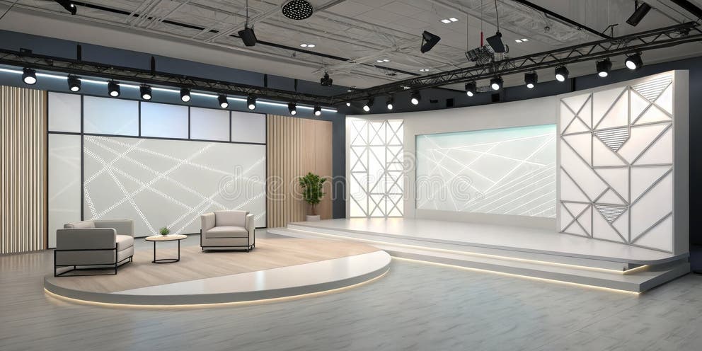Modern TV Studio Set with Armchairs, Lighting and Geometric Backdrop ...