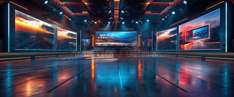 Modern TV Studio Setup with Large Screens and Cinematic Lighting Stock ...