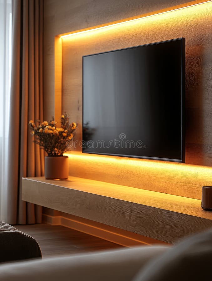 Modern TV on a Wall with Ambient Lighting Stock Photo - Image of ...