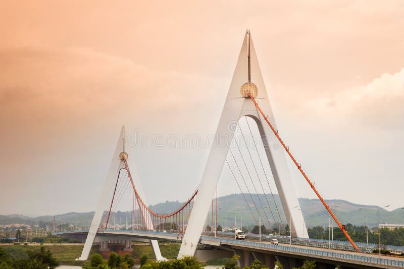 Modern Twin Towers Bridge at Dusk Stock Image - Image of cable, bridge ...