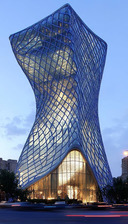 Modern, Twisting Skyscraper Architecture Illuminates the Evening Sky in ...